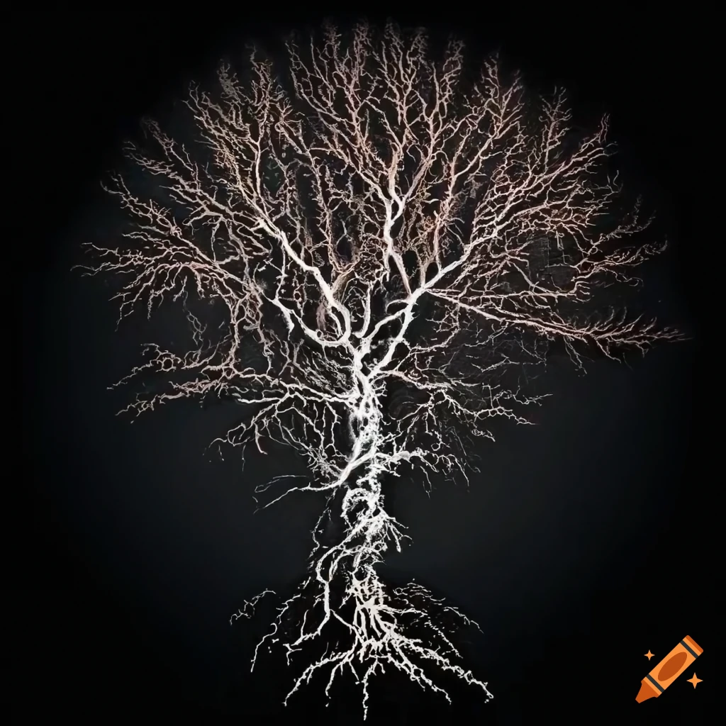Striking lichtenberg figure lightning on black background in tree shape