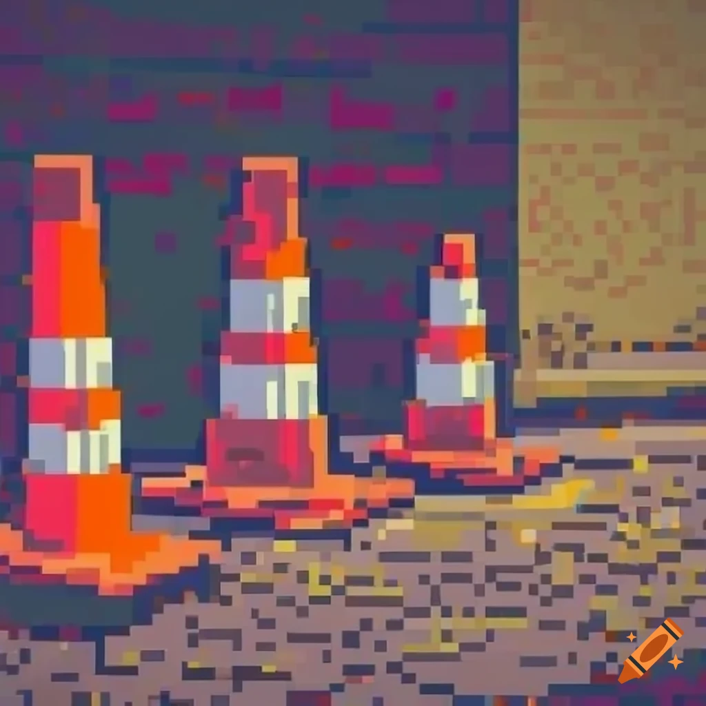 Close up of a street with traffic cones 16bit pixel art vivid colors on ...