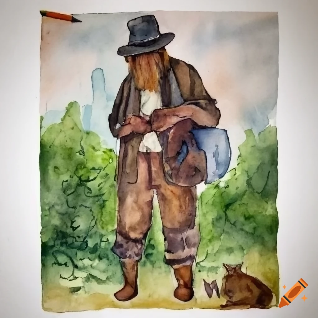 Hobo with a cat in nature watercolour and pencil