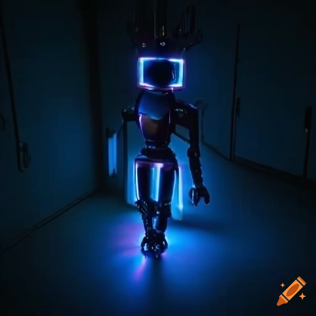 A sci-fi robot with bright leds in a mysterious room