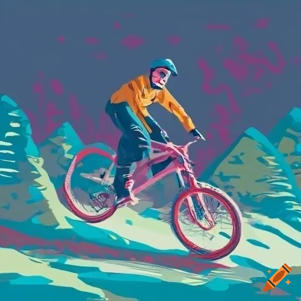 Stylized drawing of a mountain cyclist riding downhill fast on a dirt ...
