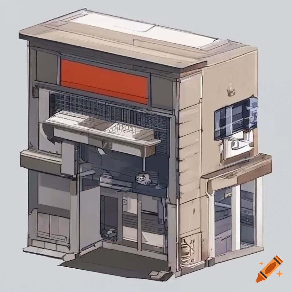 Cyber city oedo 808 anime storefront, front view industrial, machinery ...