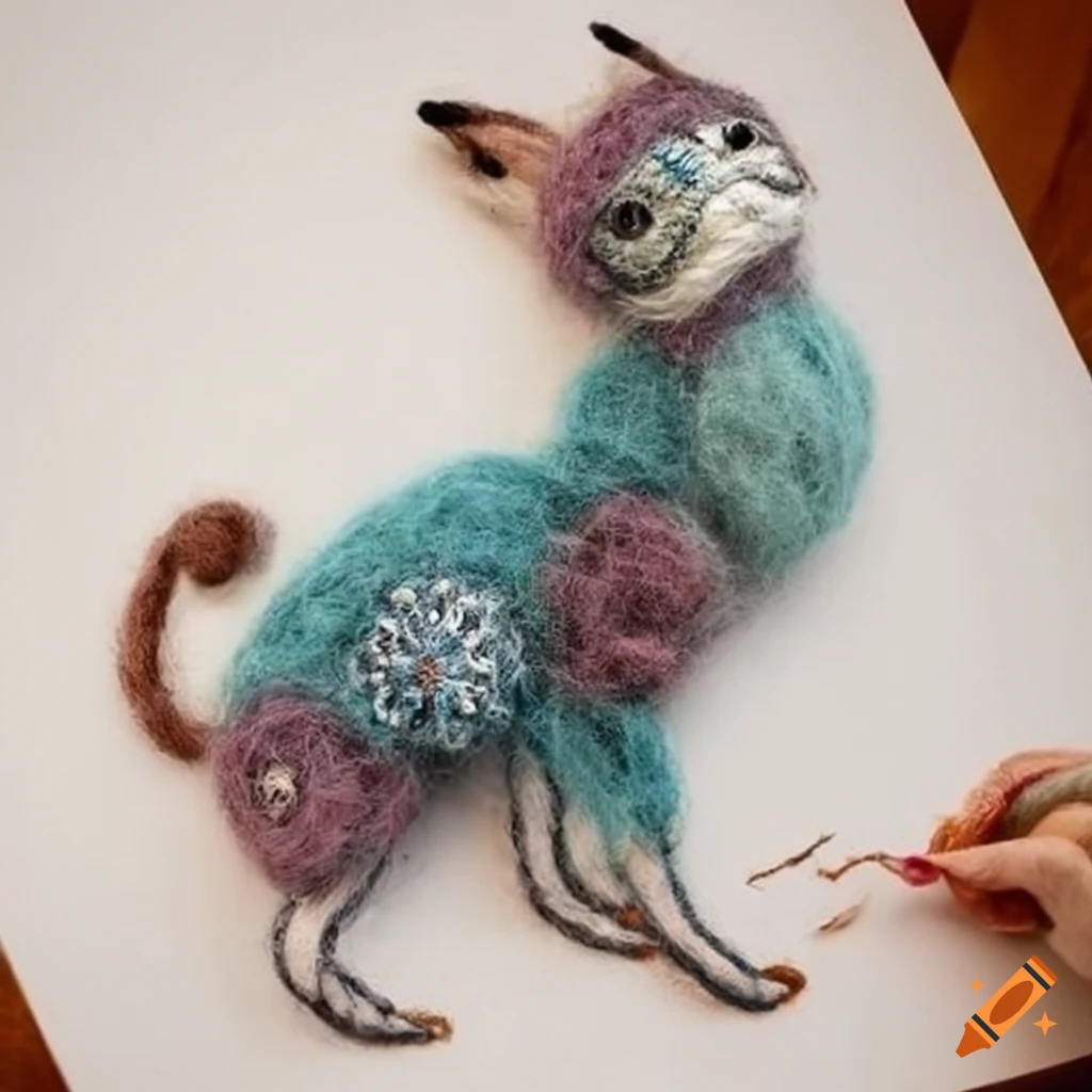 Felted wool creatures with intricate fashionable clothing
