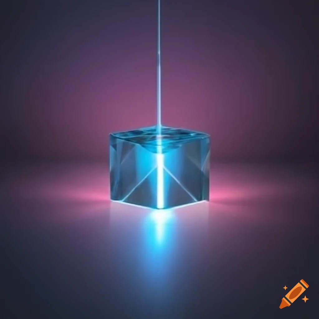 A glass cube with a laser reflecting inside to form a triangle on Craiyon