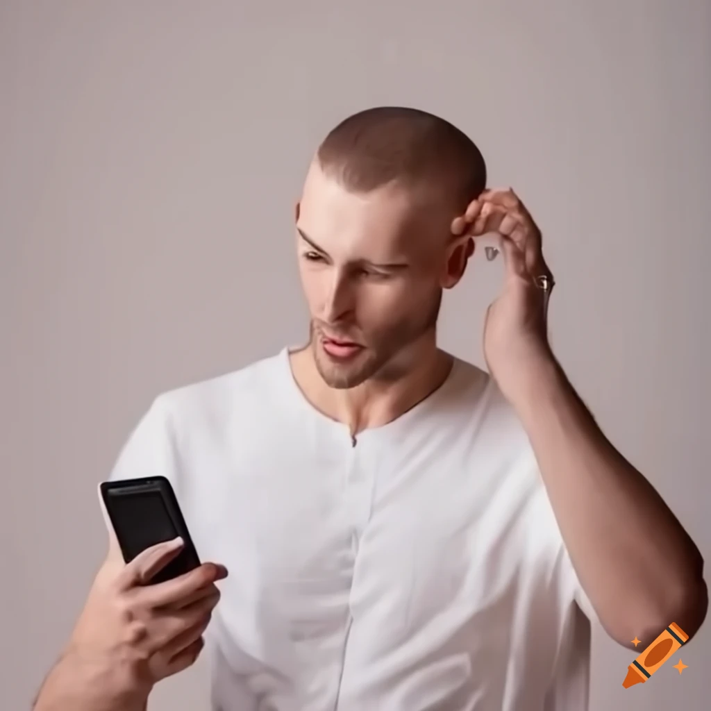 Homem branco semi calvo usando o celular como espelho enquanto arruma o ...