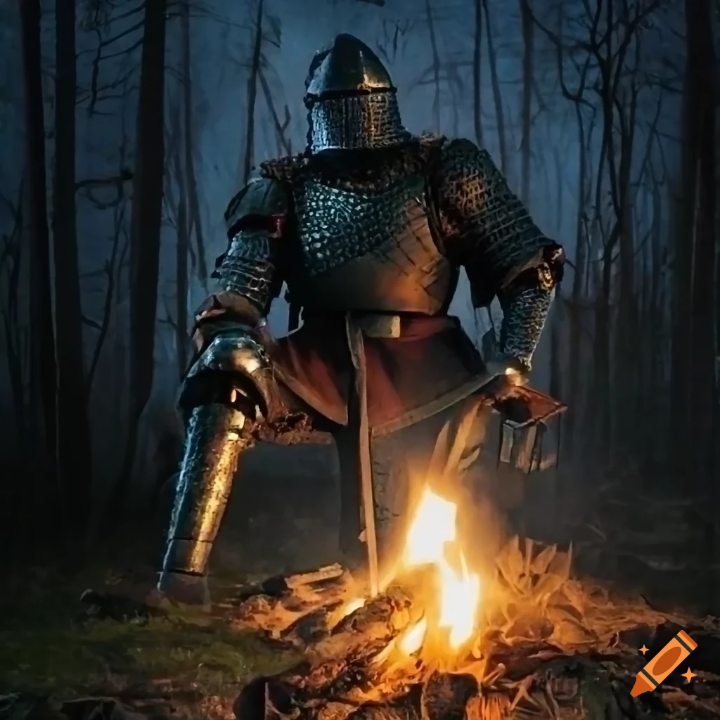 Knight sitting to the left of a campfire in the middle of the woods at ...