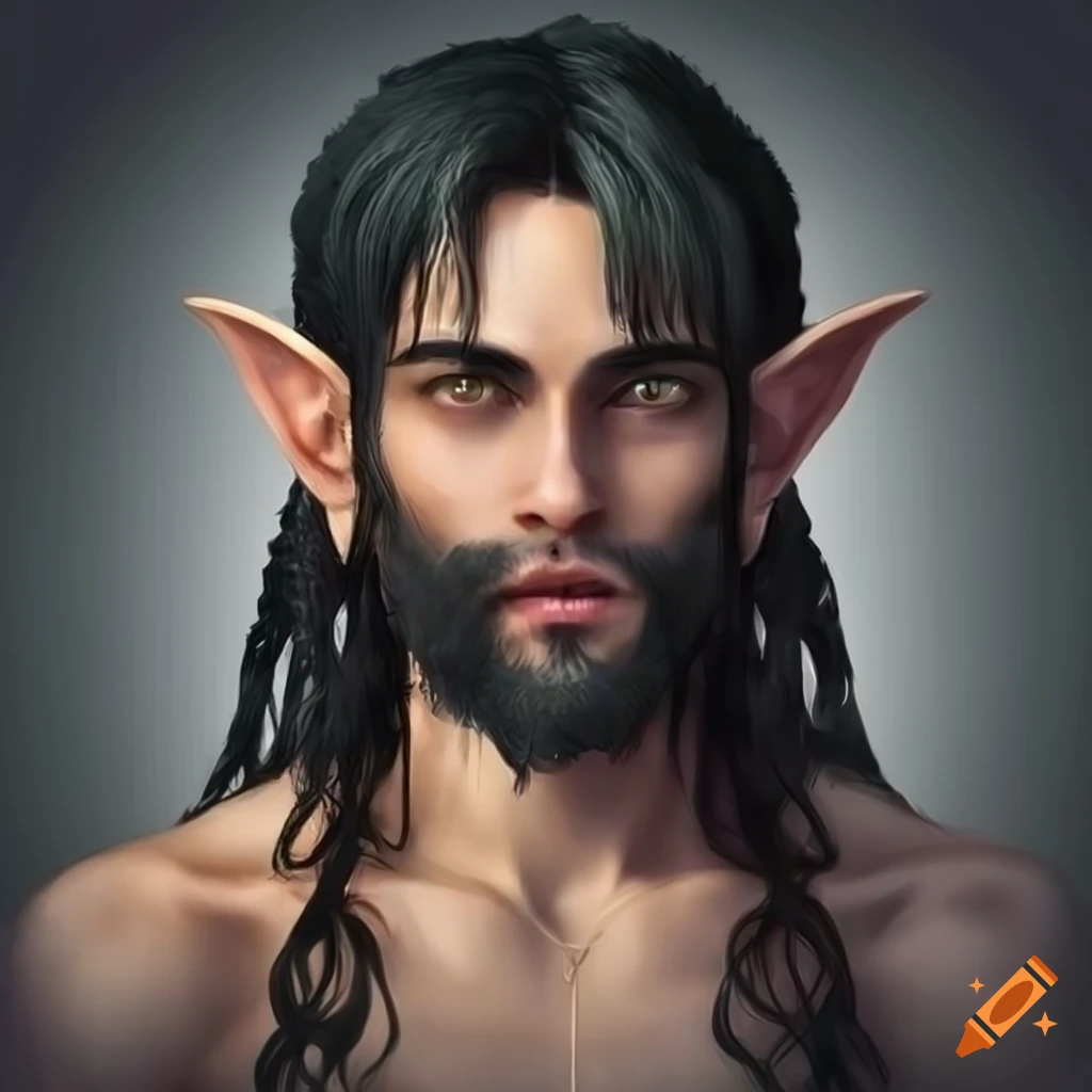 Portrait of an attractive male elf with black hair and a black beard