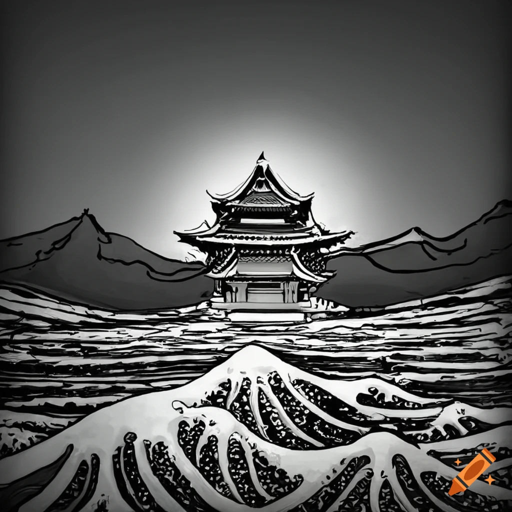 Temple emerging from kanagawa wave, black and white