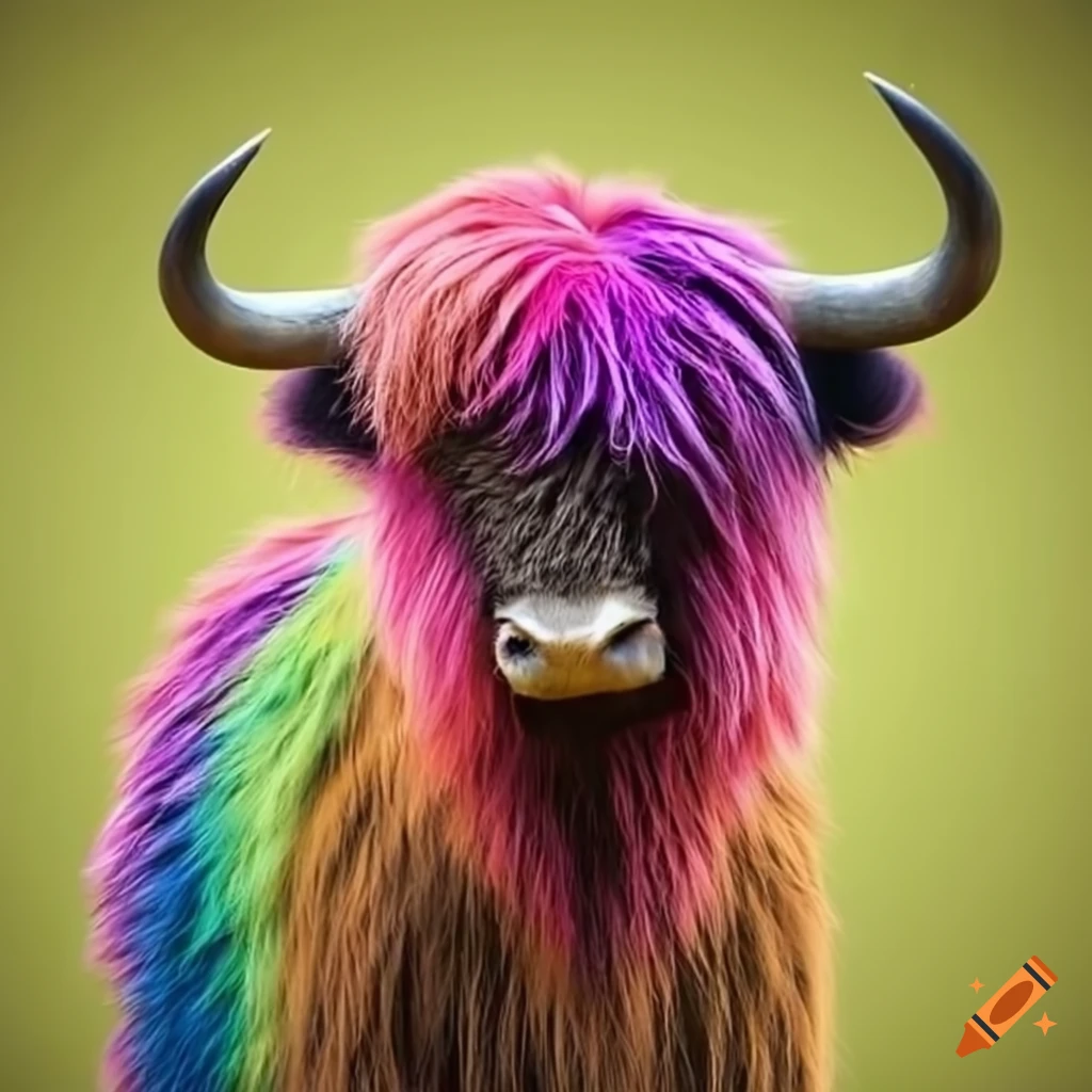 A fluffy yak with rainbow-colored fur and curved horns