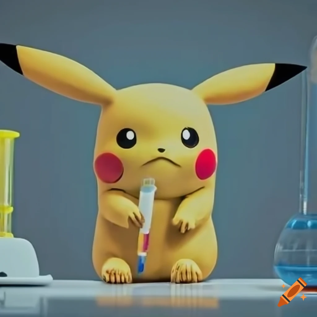 Pikachu sitting in a laboratory with a pipette in his hand and a ...