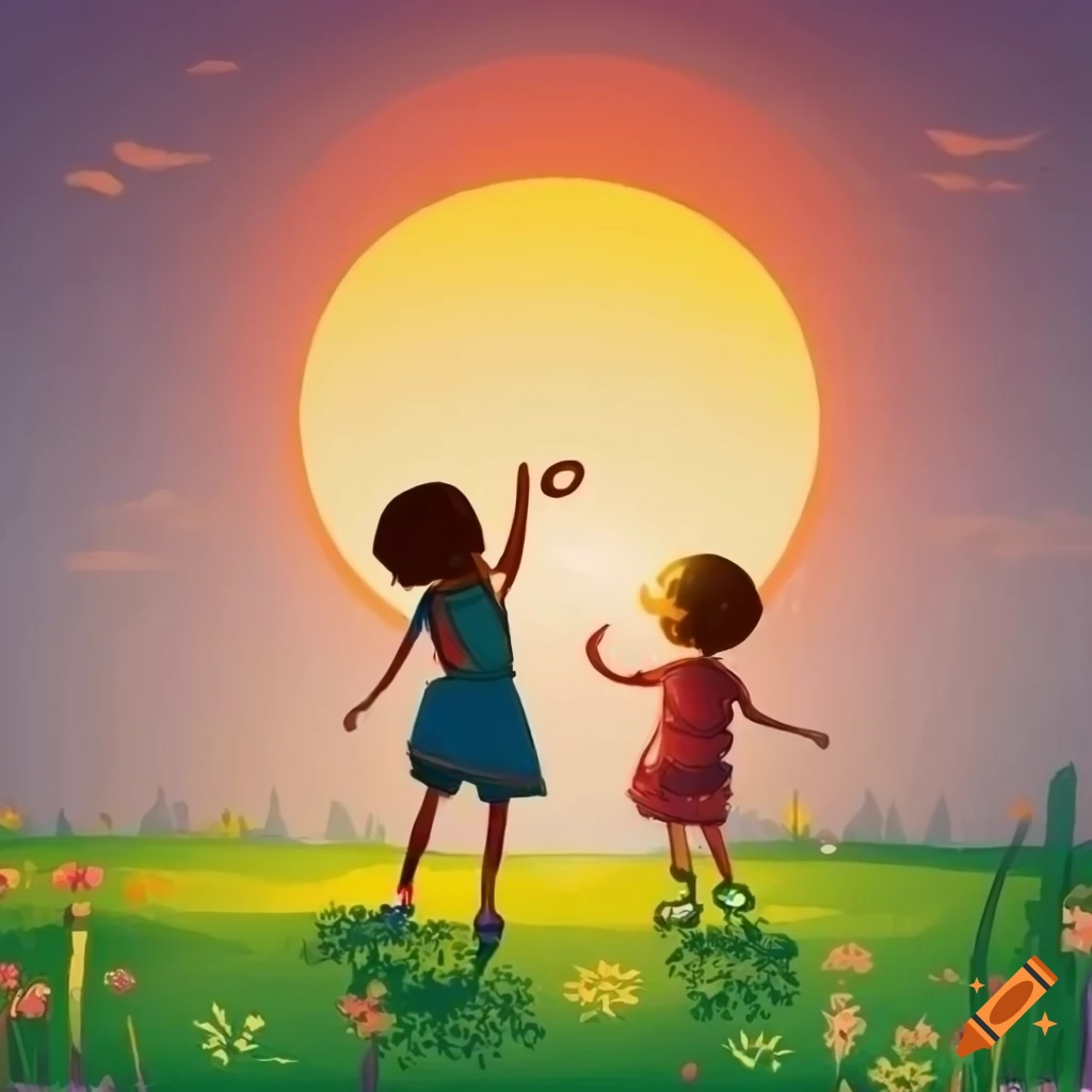 Childrens book illustration of kids playing in the meadow at sunset