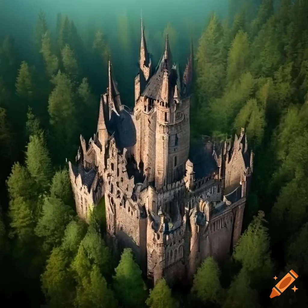 Birdseye view of a gothic castle in a forest on Craiyon
