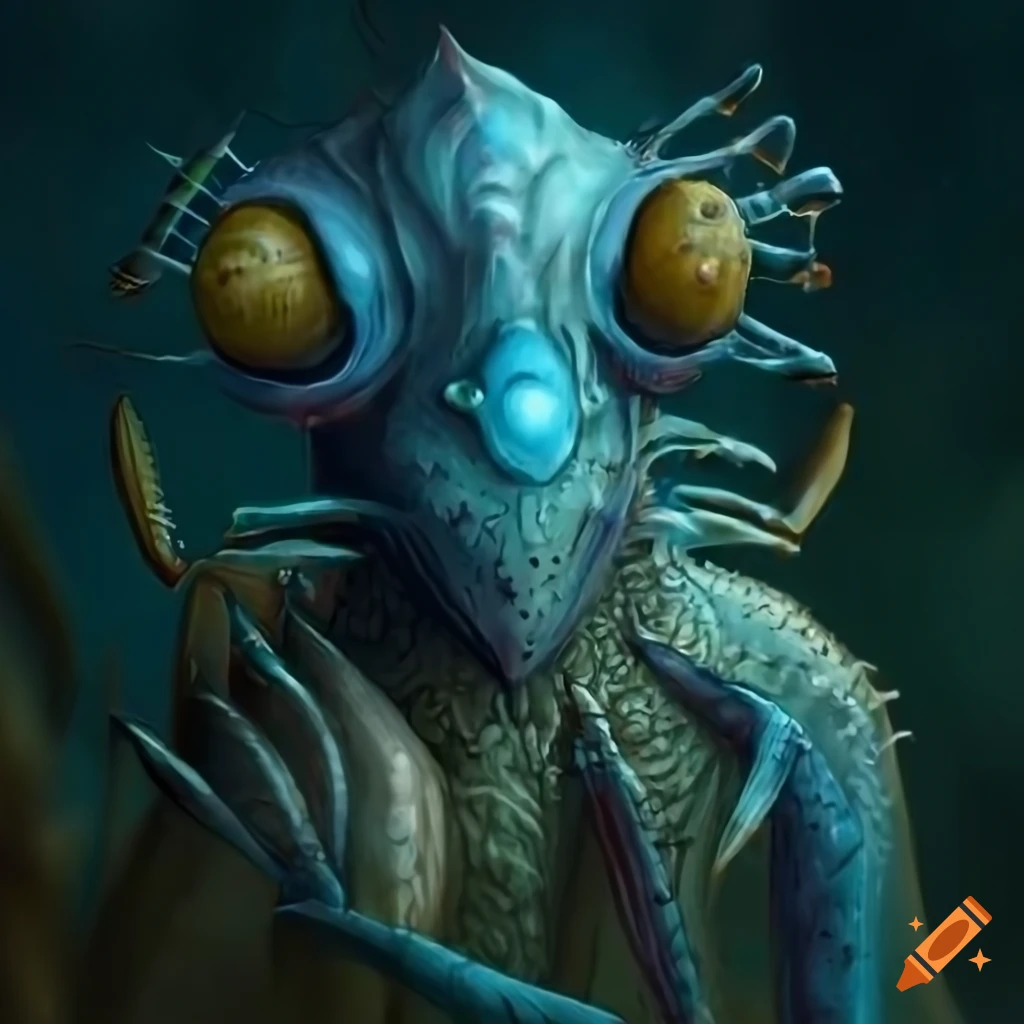 Chitinous crustacean Blue eldritch mantis humanoid farmer, fantasy ...