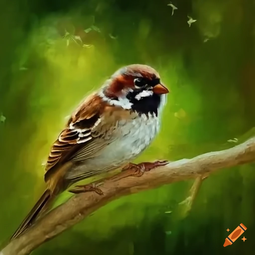 Little sparrow sitting on a branch in forest with green trees on Craiyon