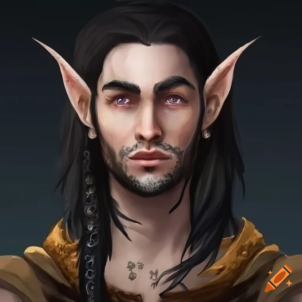 Portrait of a characteristic male elf with black hair and beard