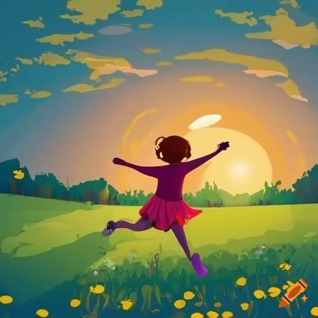 Childrens book illustration of kids dancing at sunset in a beautiful meadow