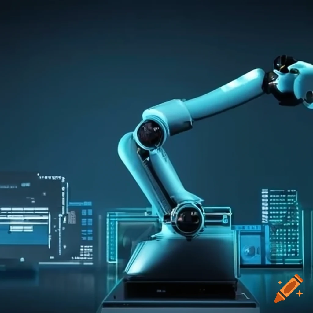 A high-tech computer with robotic arms and sensors on Craiyon