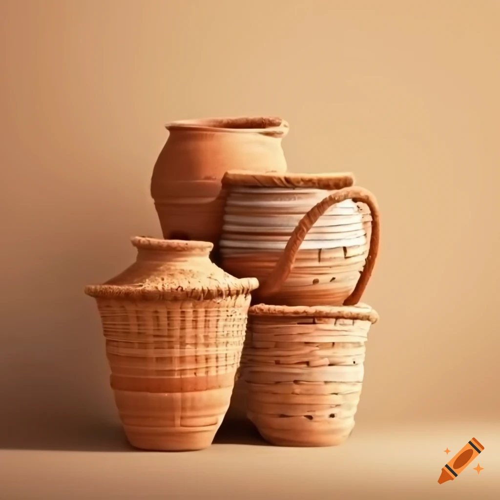 Baskets of rice and clay pots