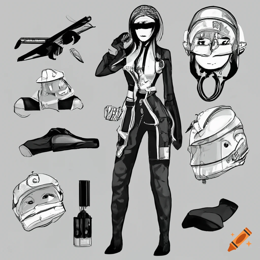 Black and white concept page, female space pilot outfit on Craiyon