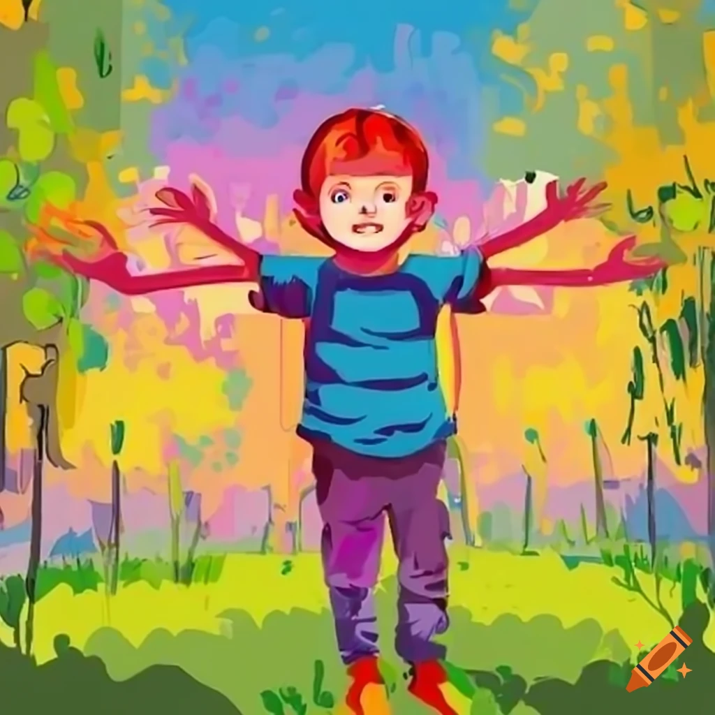 An illustration kid with open arms in a park on Craiyon