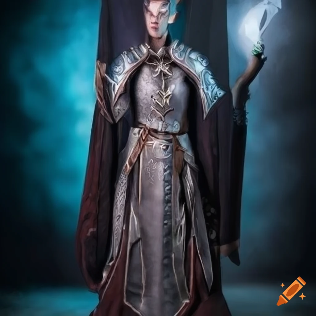 High elf mage in decorated armored robe, fantasy detailed surrealism