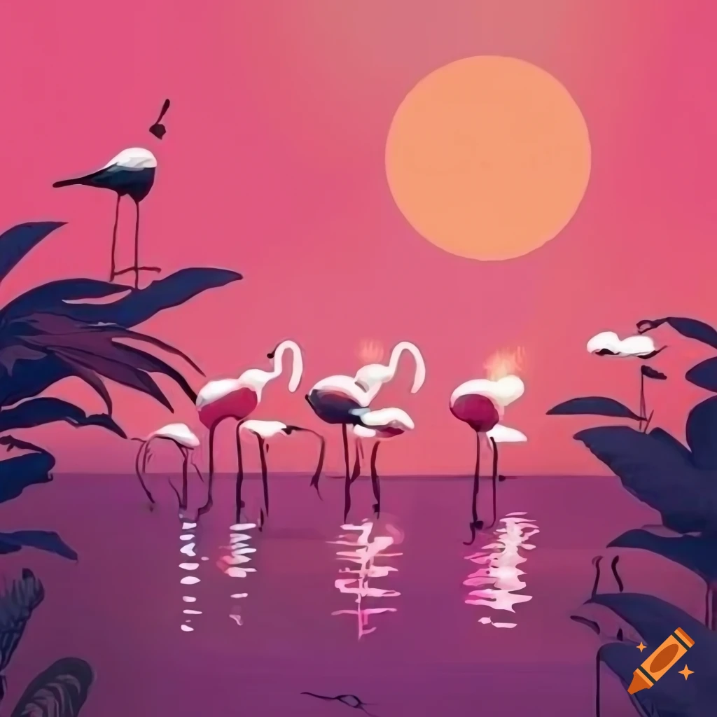 A stylised poster of flamingos in a pod and slender plants in the ...