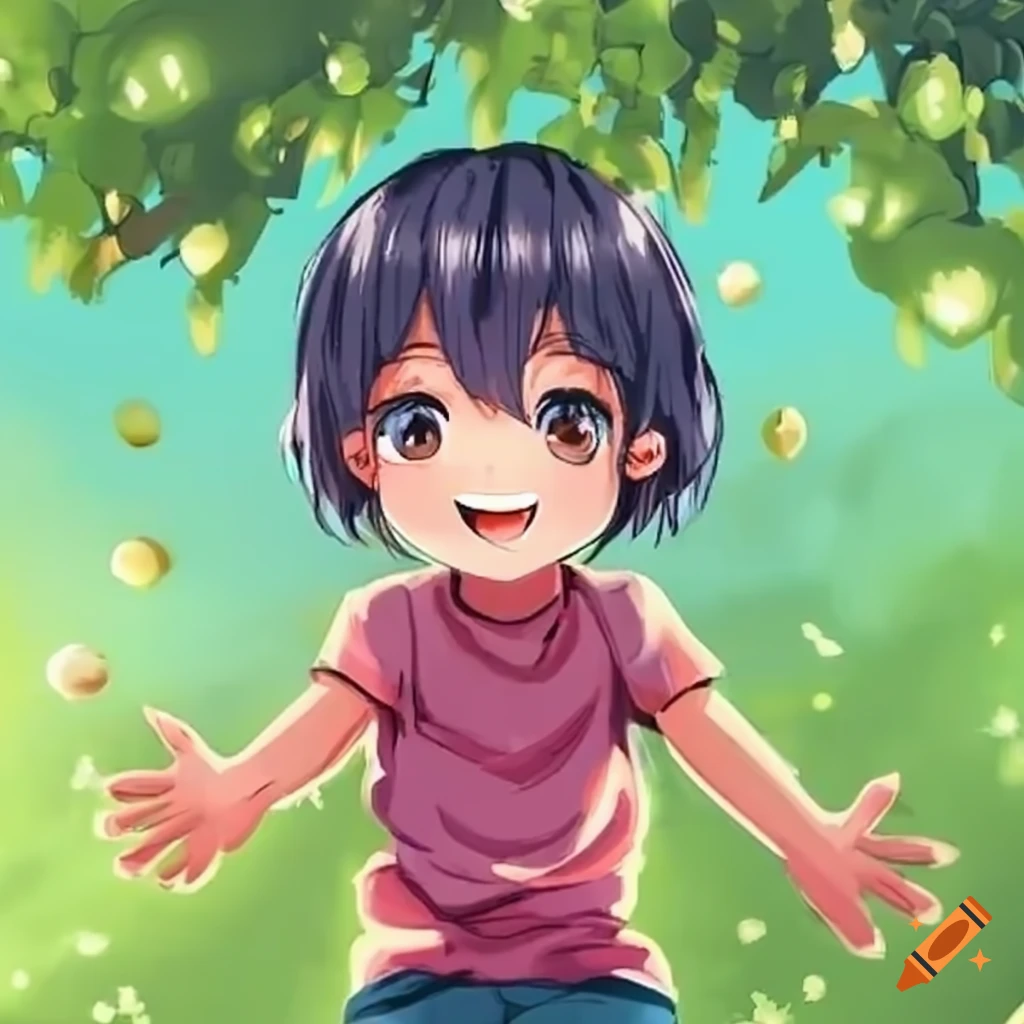 A cartoon kid smiling with open arms in a park on Craiyon