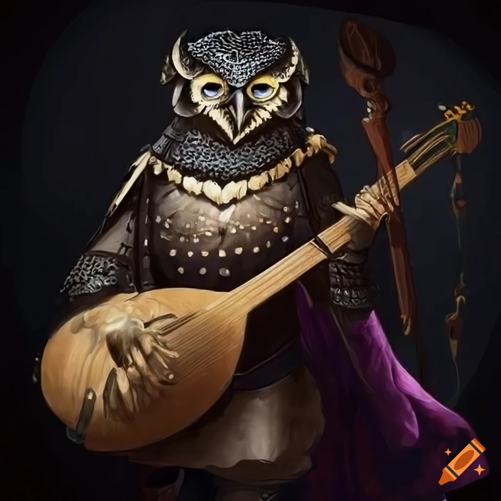 A black owl bard holding a lute and wearing leather armor on Craiyon