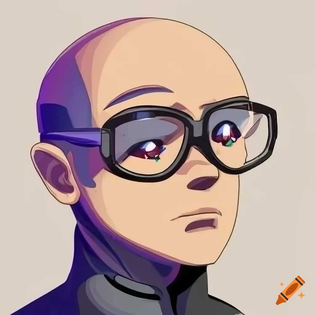 Bald male gamer with glasses wearing a space helmet, left profile view ...