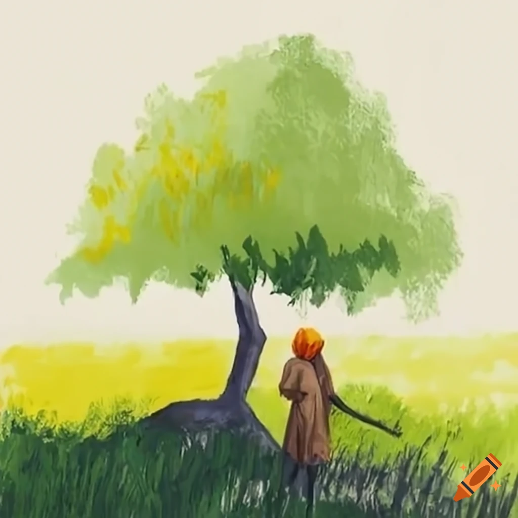 Poor farmer behind tree in field on Craiyon