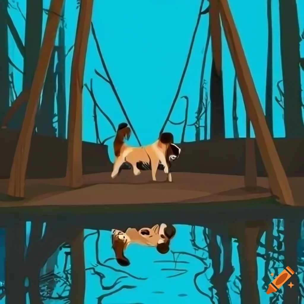 Dogs looking towards his reflection on a river while walking through a ...