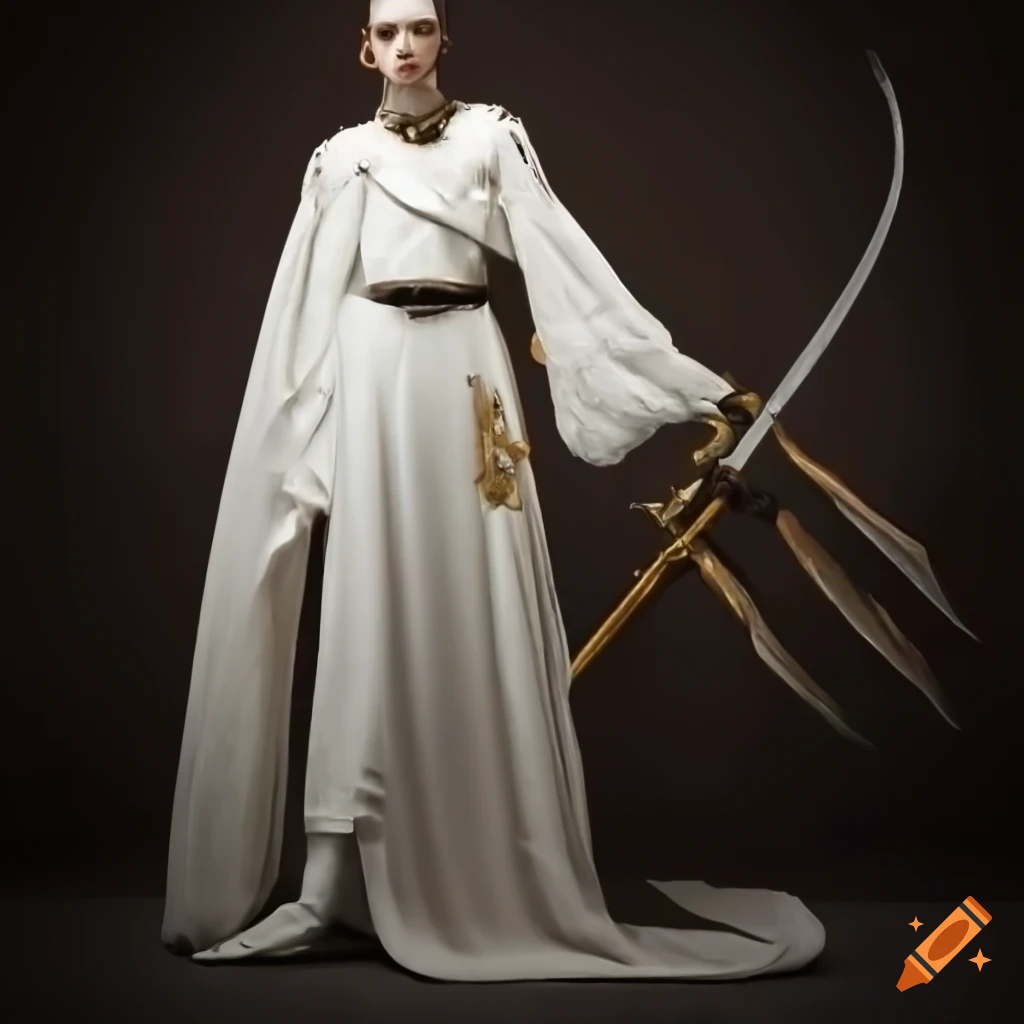 Celestial being in golden armor and white garments with a sickle weapon ...