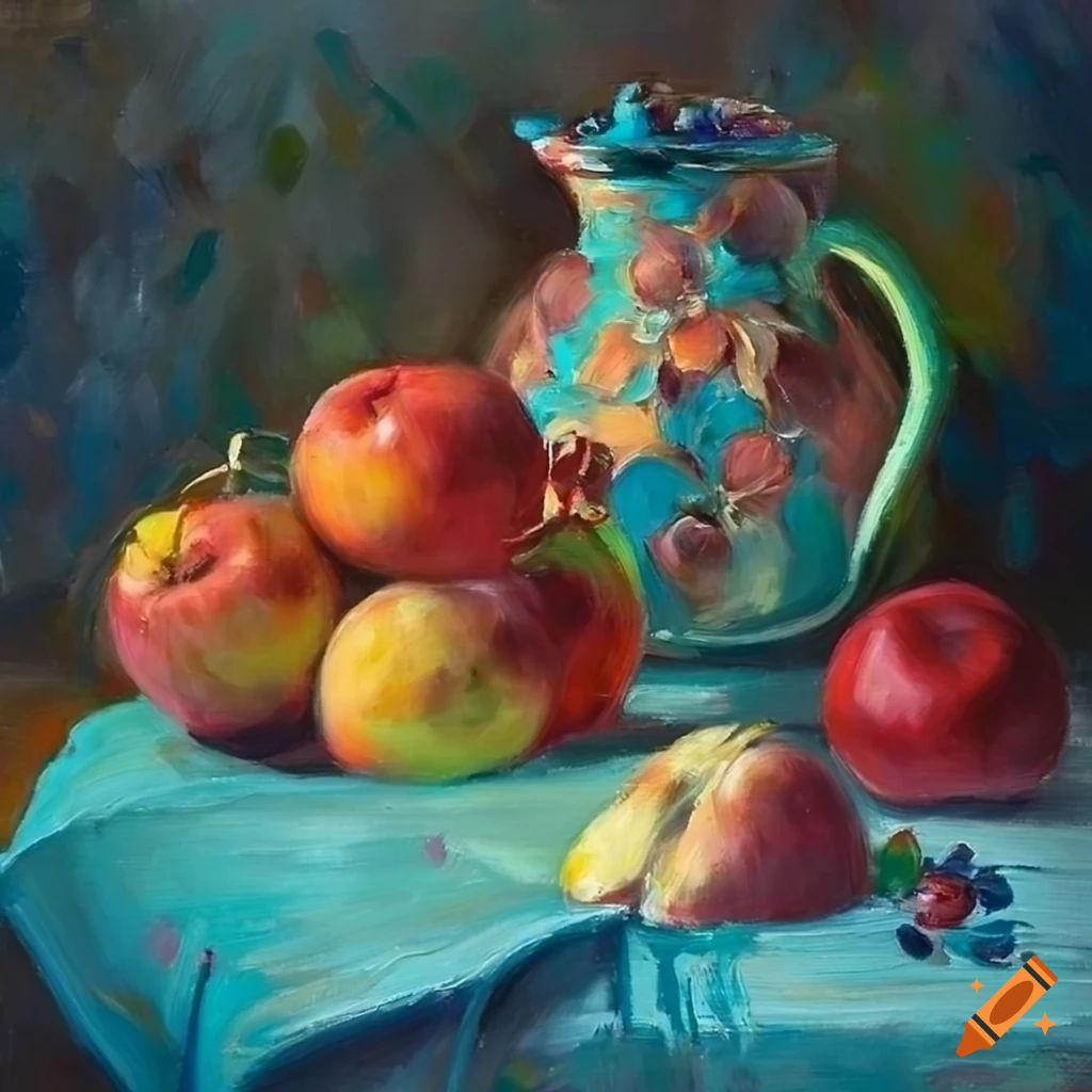 A beautiful still life oil painting with a light colored cloth, fruit ...