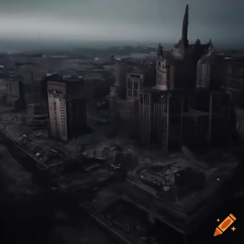 Post-apocalyptic aerial footage with abandoned cities and desolation