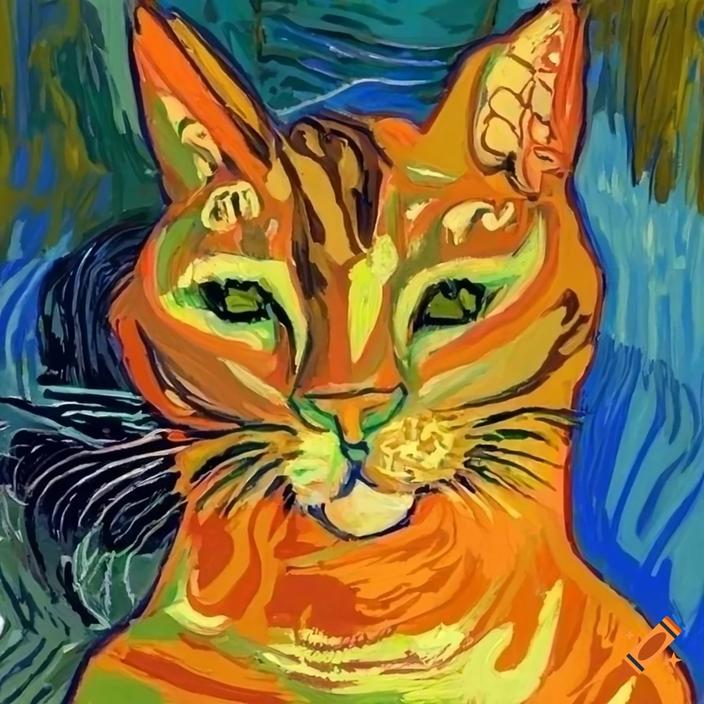 A stylized cat in van Gogh style painting, with a white background in ...