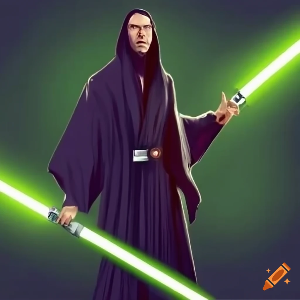 A jedi knight standing with a lightsaber
