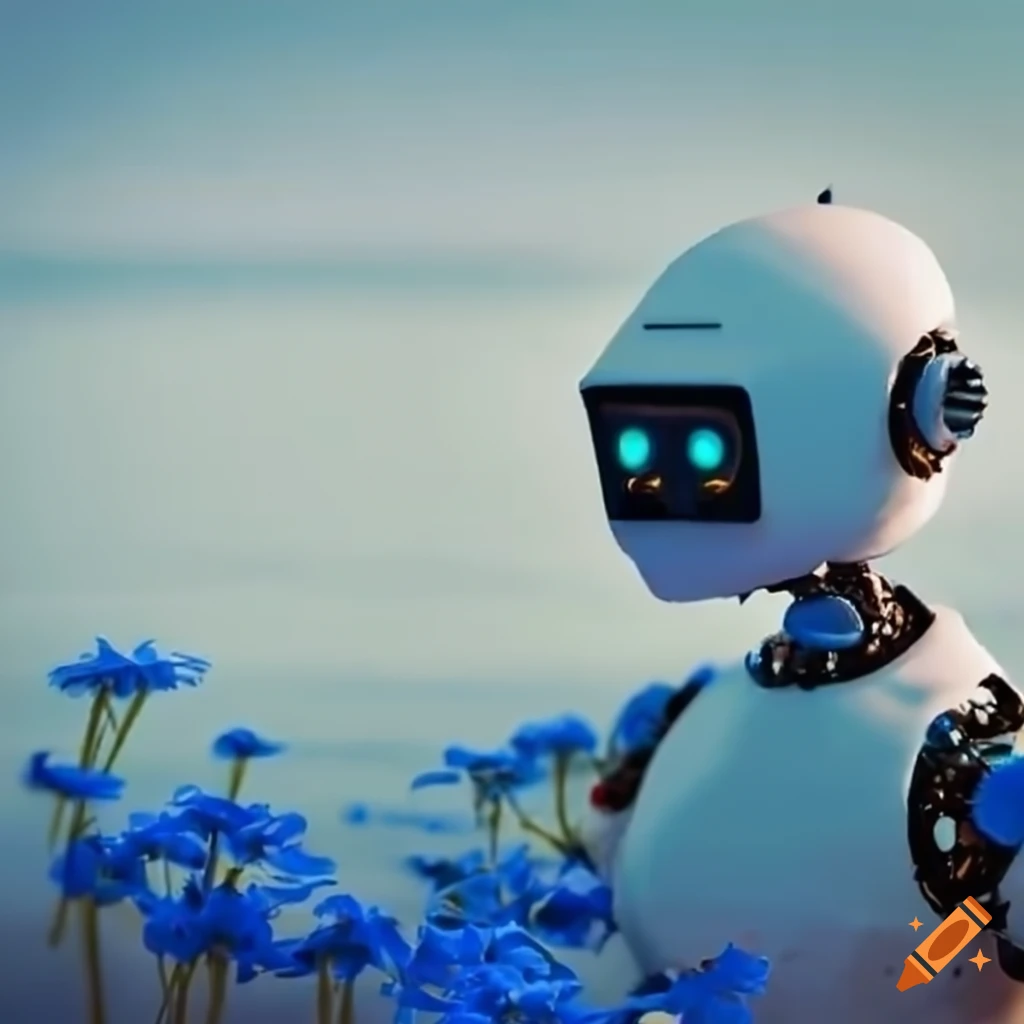 Robot waking on the beach with blue flowers on Craiyon