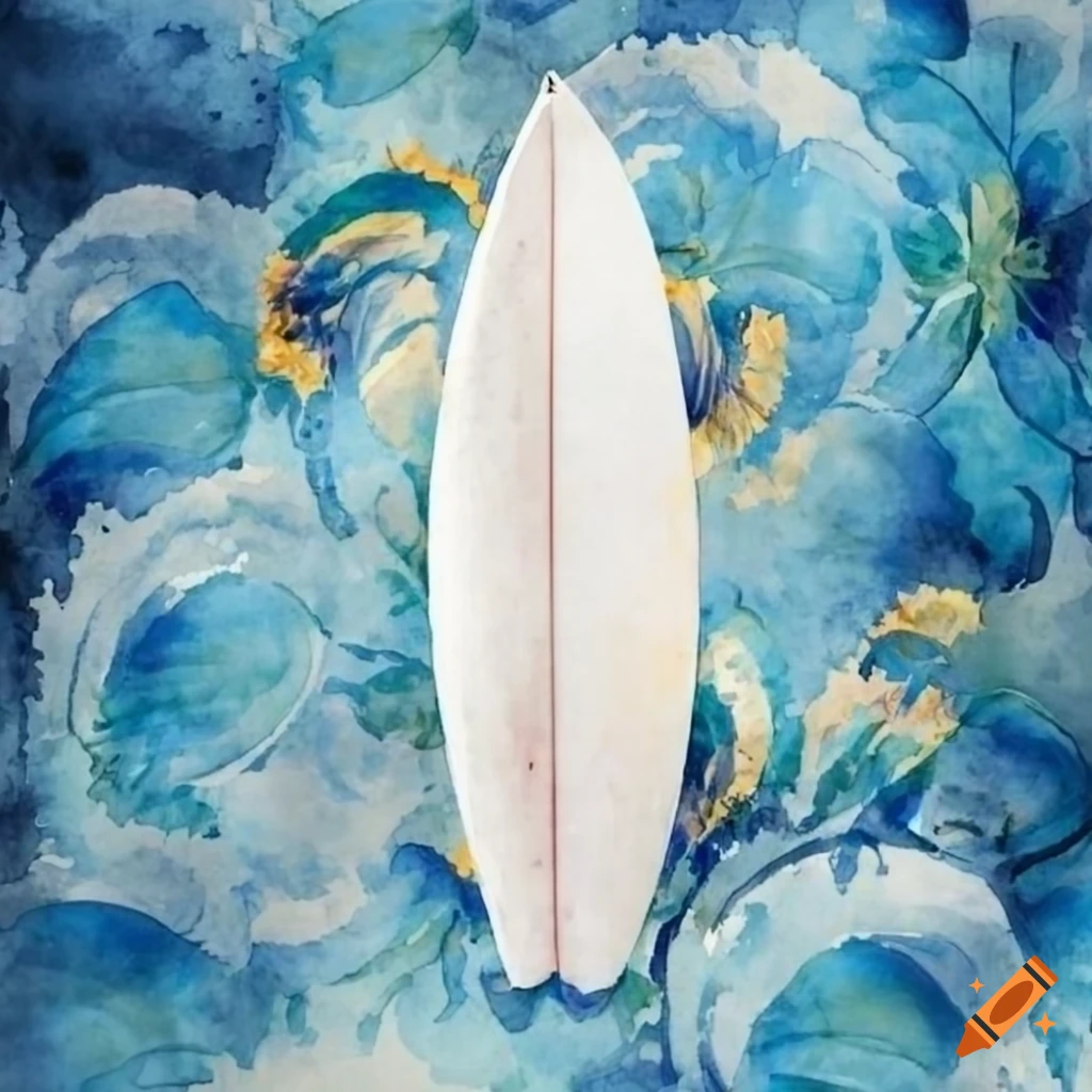 Watercolor painting of a white surfboard with blue floral pattern on ...