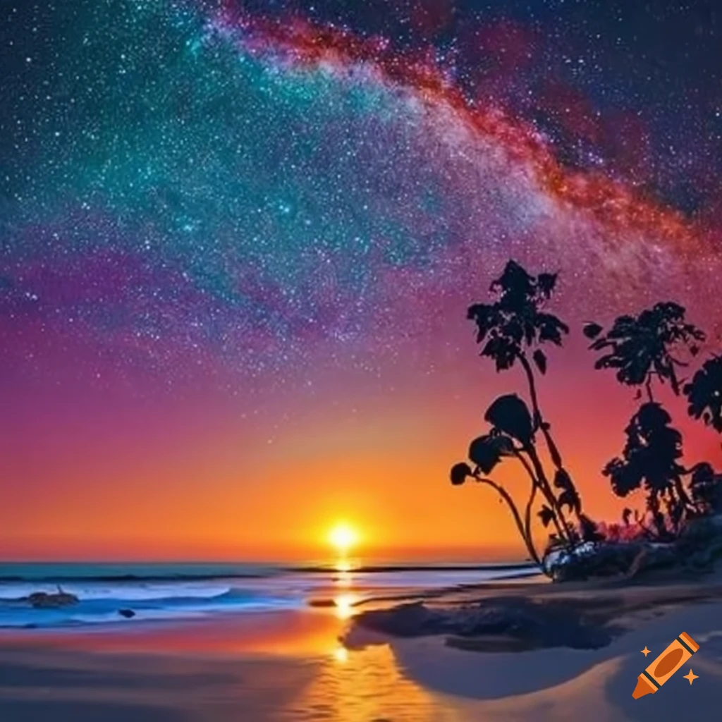 Starry sunset city beach