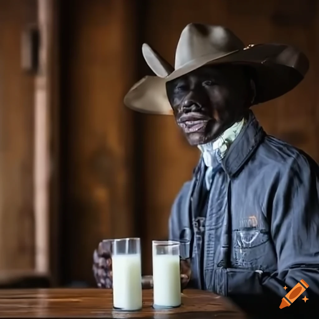 Two cowboys having an intense conversation over a glass of milk