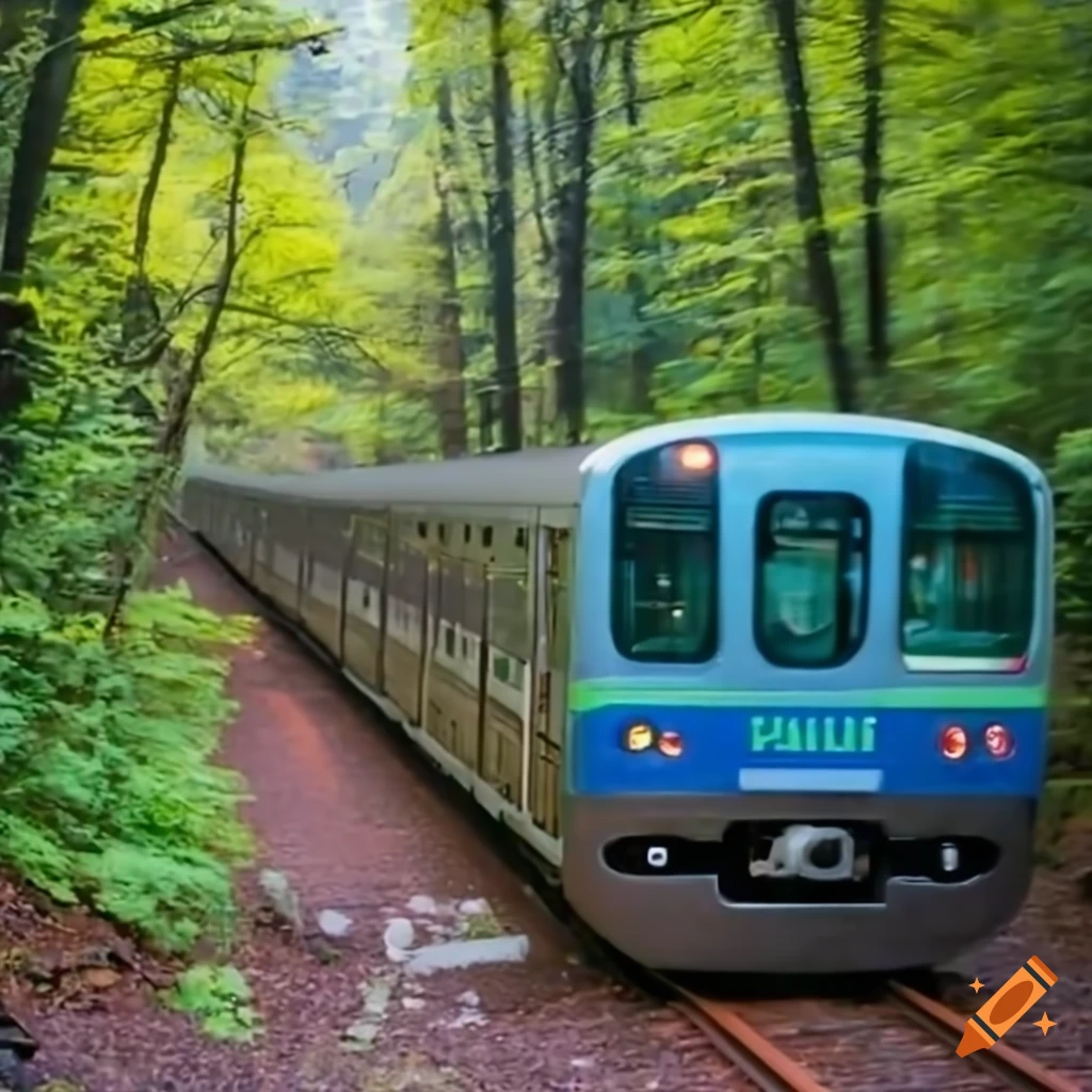 Japanese metro train in front of camera in a forest railway on Craiyon