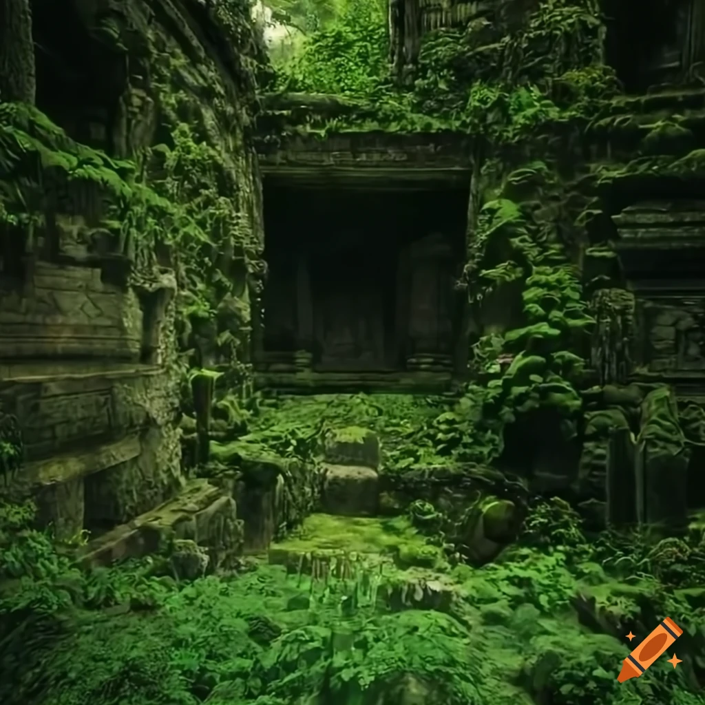 Ruined temple overgrown by lush greenery on Craiyon