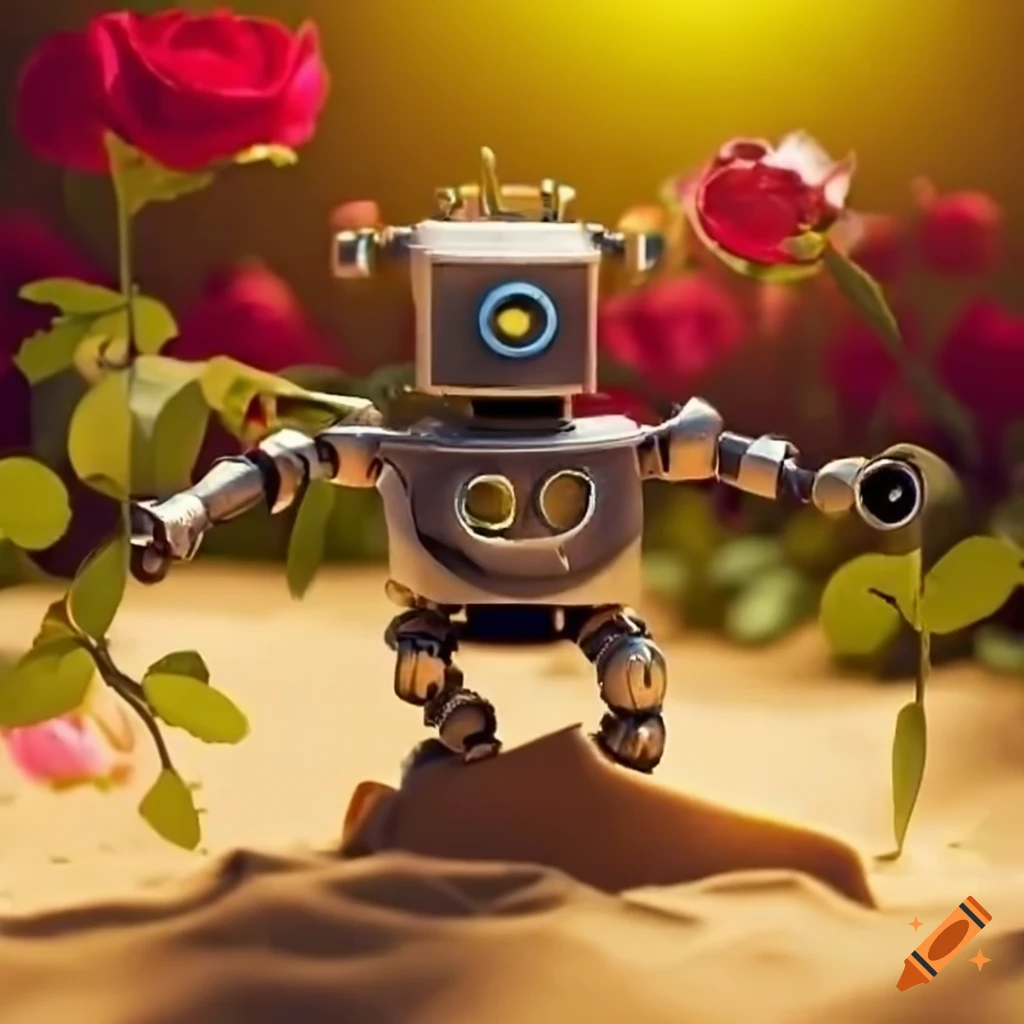 Mechanical entity robot walking on the sand next to tea roses in ...