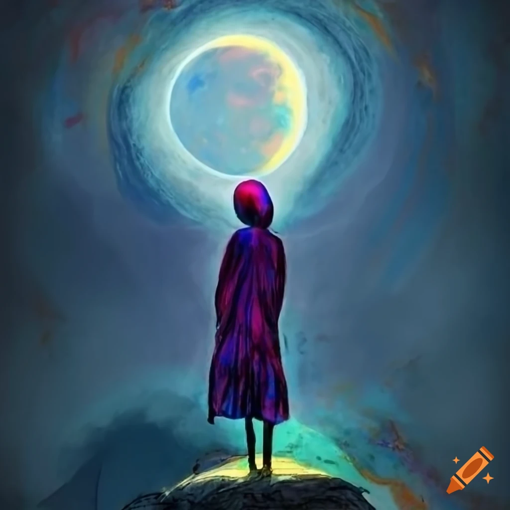 A lone figure stands under the crescent moon, surrounded by darkness