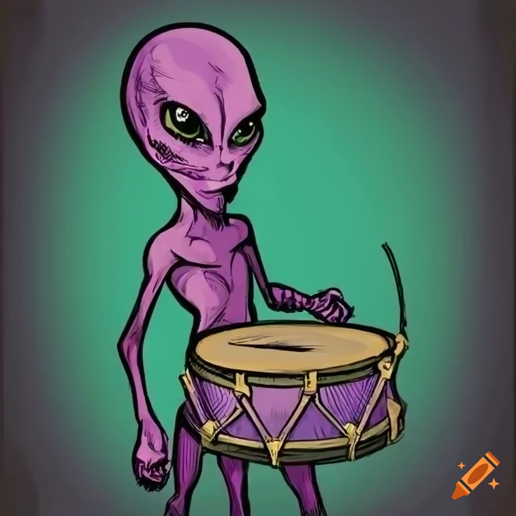 Alien wearing a t-shirt, playing a single drum, drawn in comic-book ...