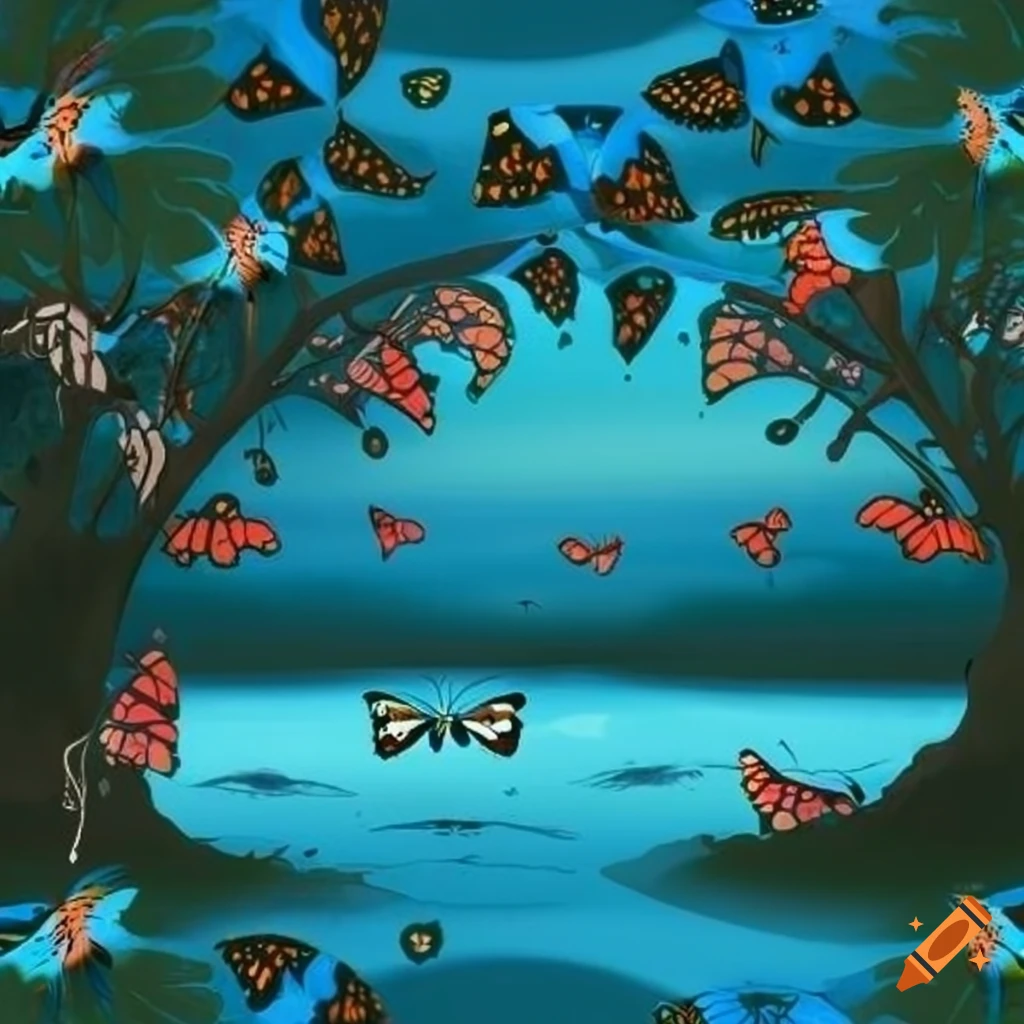 Roger dean style butterflies on an misty island seamless pattern on Craiyon