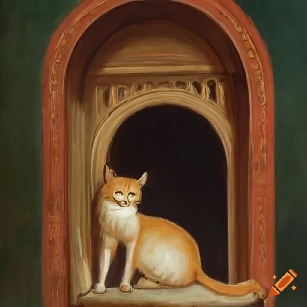 Medieval oil painting of cat under arch on Craiyon
