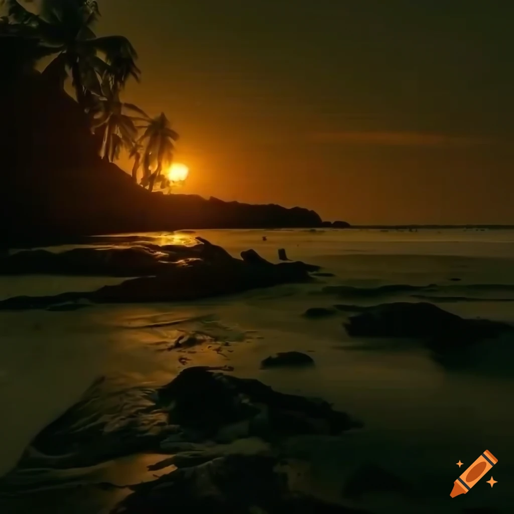 A beautiful secluded beach with lush jungle, high definition, sunset on ...