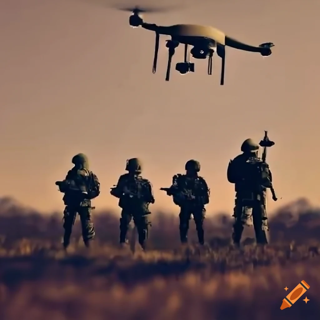 A group of soldiers watching an unmanned drone fly over on Craiyon