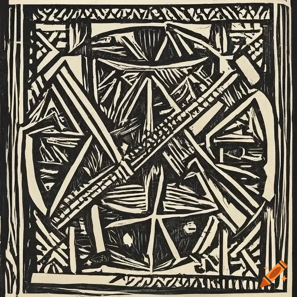 A detailed woodcut print with bold lines and intricate details, High ...